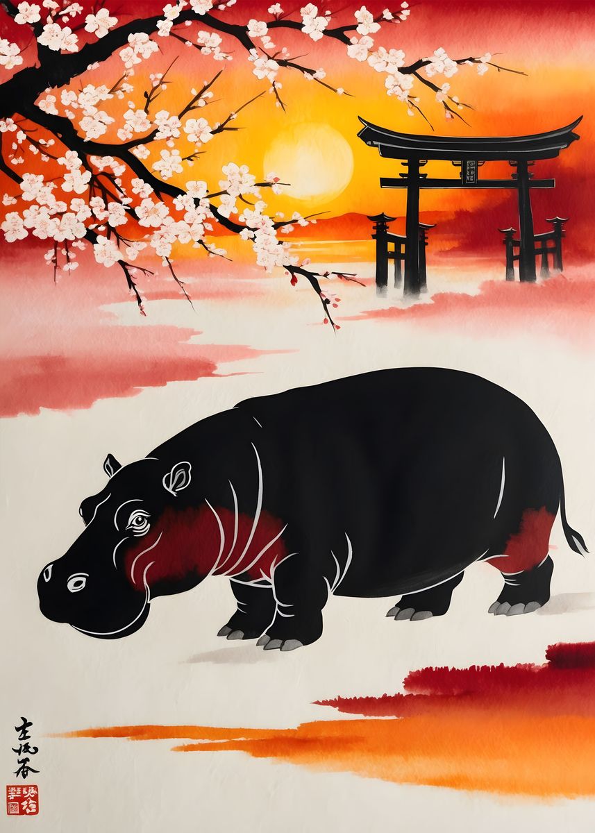 'Hippo Japan Painting' Poster, picture, metal print, paint by Xăm Việt ...