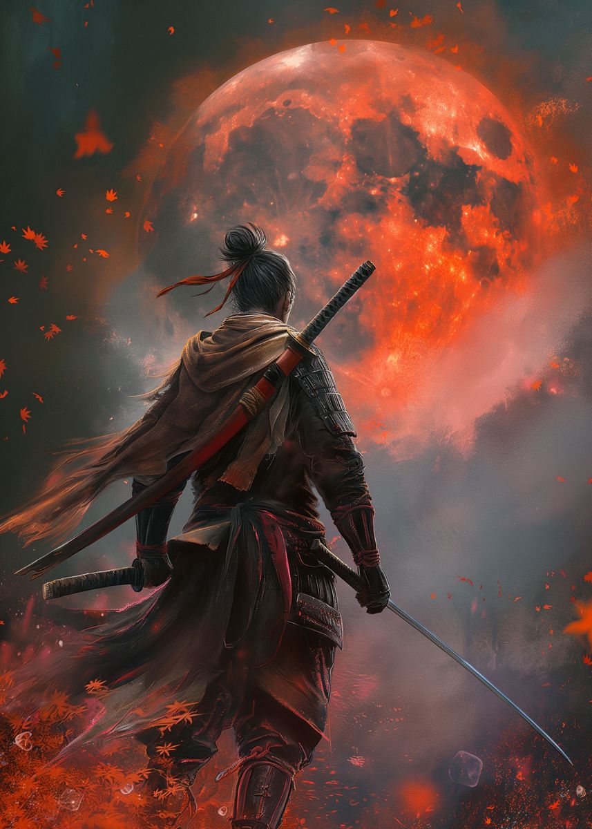 'Japanese Samurai Red Moon' Poster, picture, metal print, paint by ...