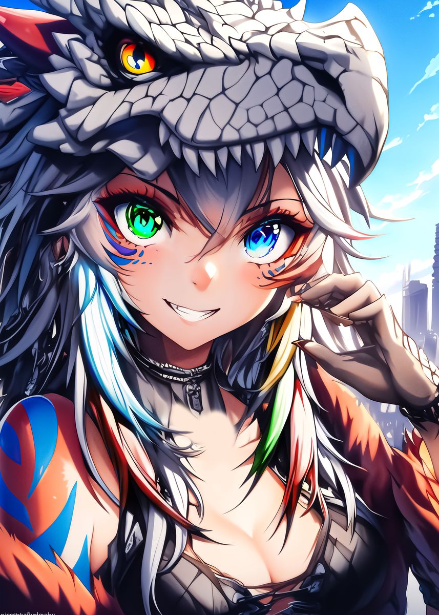 'Dino anime girl' Poster, picture, metal print, paint by Hako | Displate