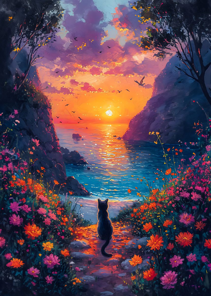 'Cat dreaming Landscape' Poster, picture, metal print, paint by ...