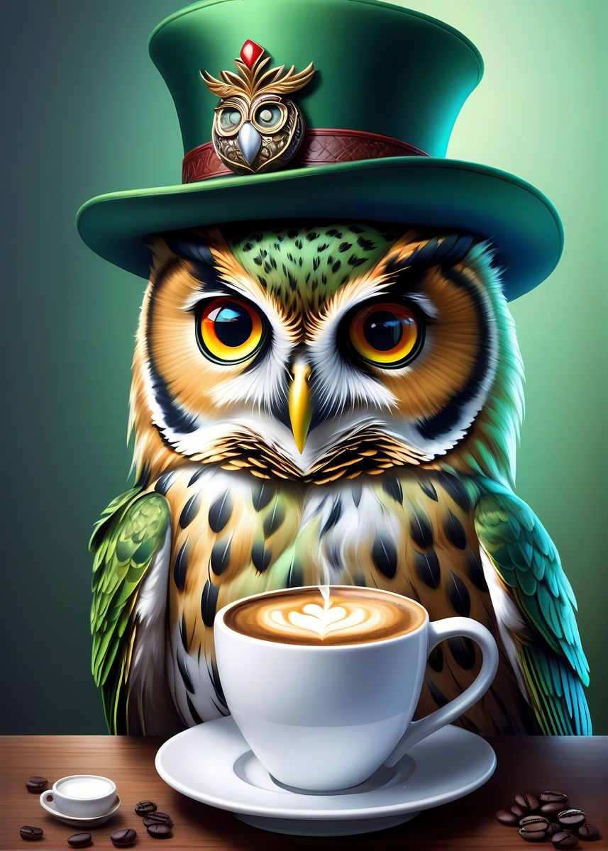 'Owl with Coffee' Poster, picture, metal print, paint by Gin Art | Displate