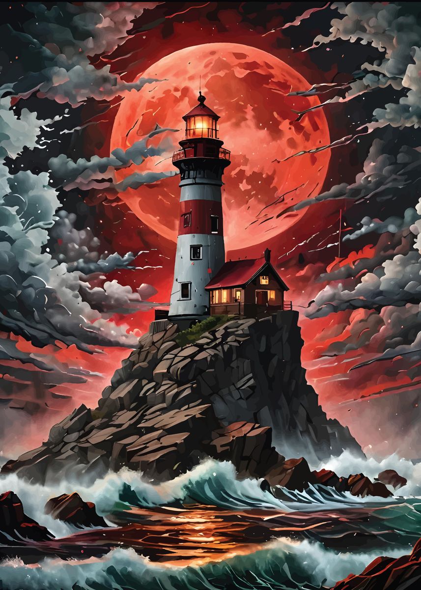 'Red Moon Lighthouse ' Poster, picture, metal print, paint by ALEX GREZ ...