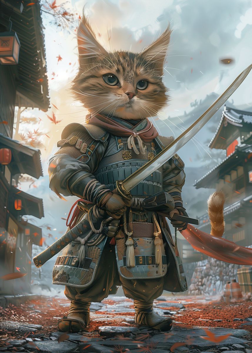 'Samurai Cute Cat Kitten' Poster, picture, metal print, paint by ...