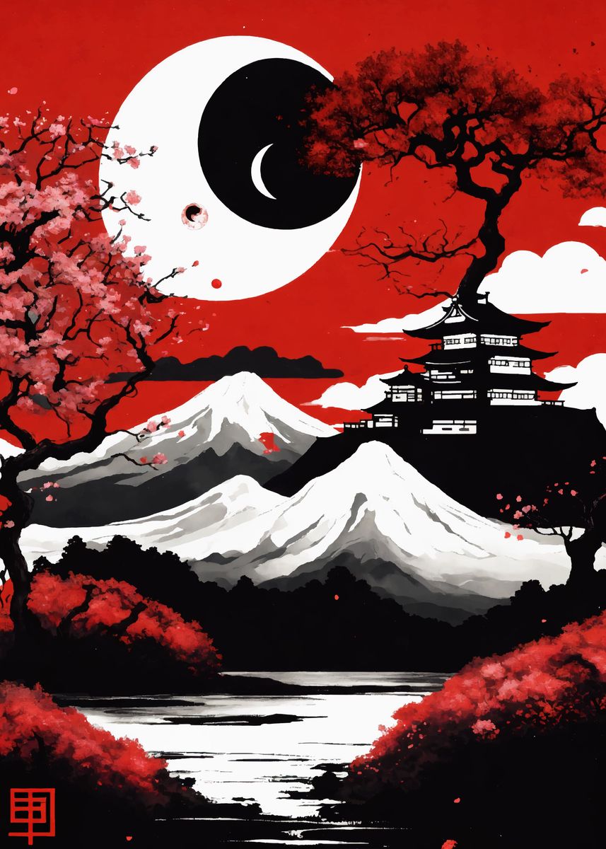 'Japan moon landscape' Poster, picture, metal print, paint by Superhero ...
