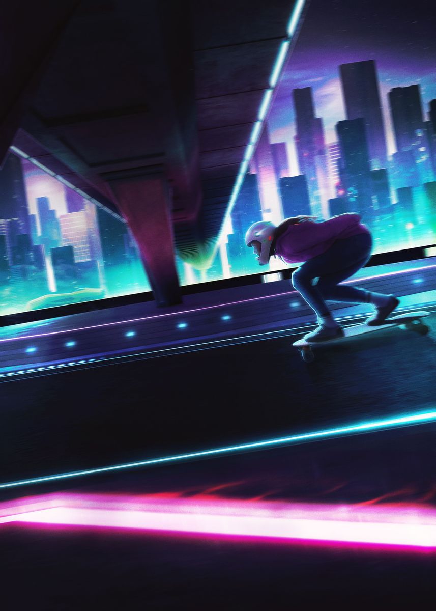 'Neon Longboarding' Poster, picture, metal print, paint by Jxime | Displate