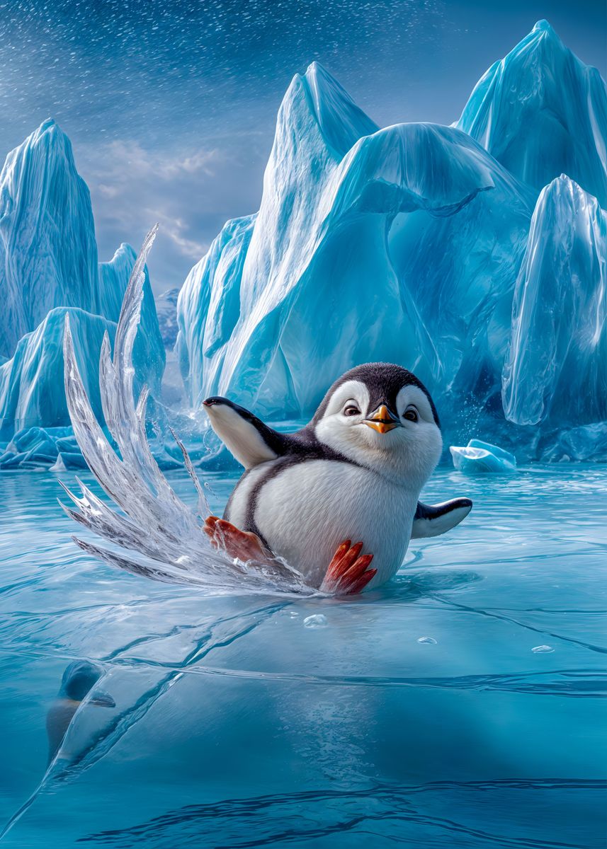 'Penguin slipping on ice' Poster, picture, metal print, paint by ...