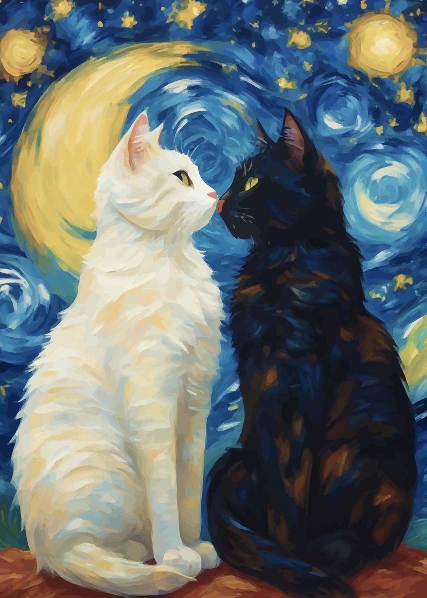 'Cats In Love Van Gogh' Poster, picture, metal print, paint by MIROKU ...