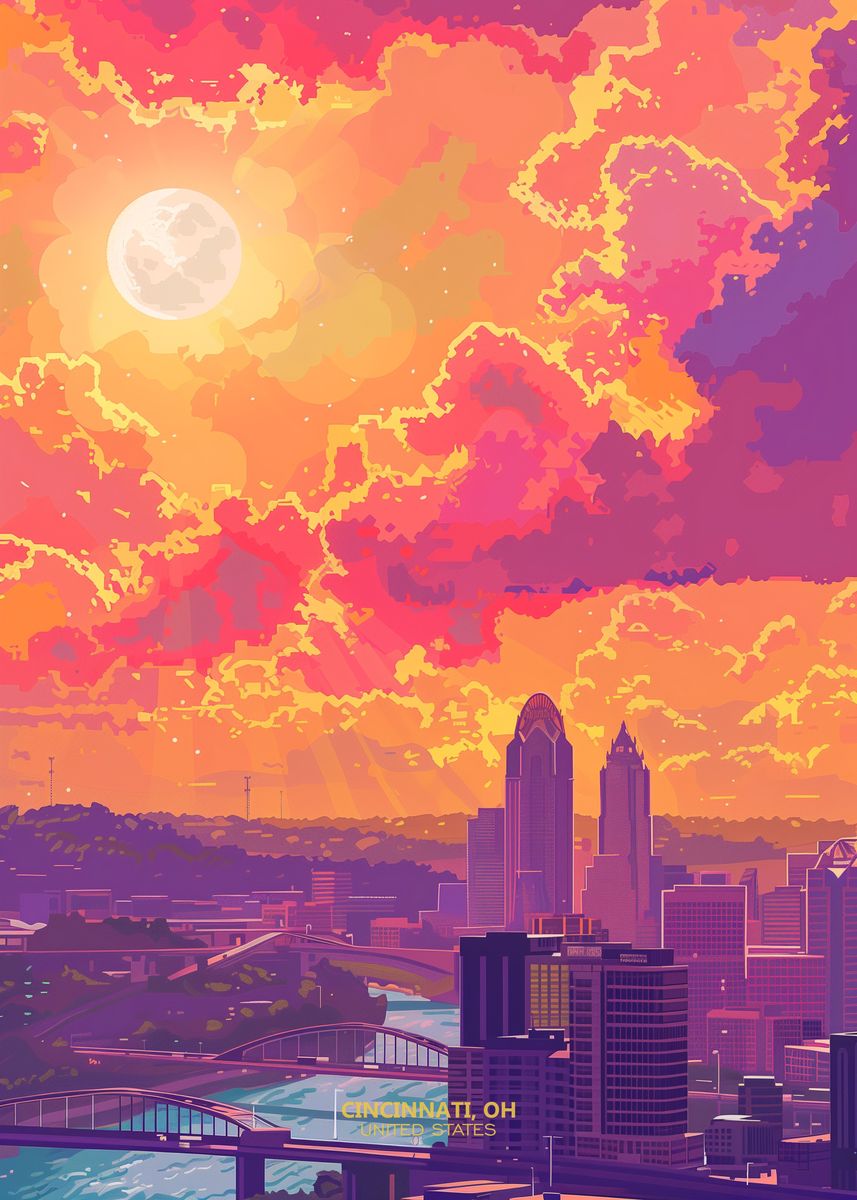 'Sunset in Cincinnati OH 2' Poster, picture, metal print, paint by BOUNTEES | Displate
