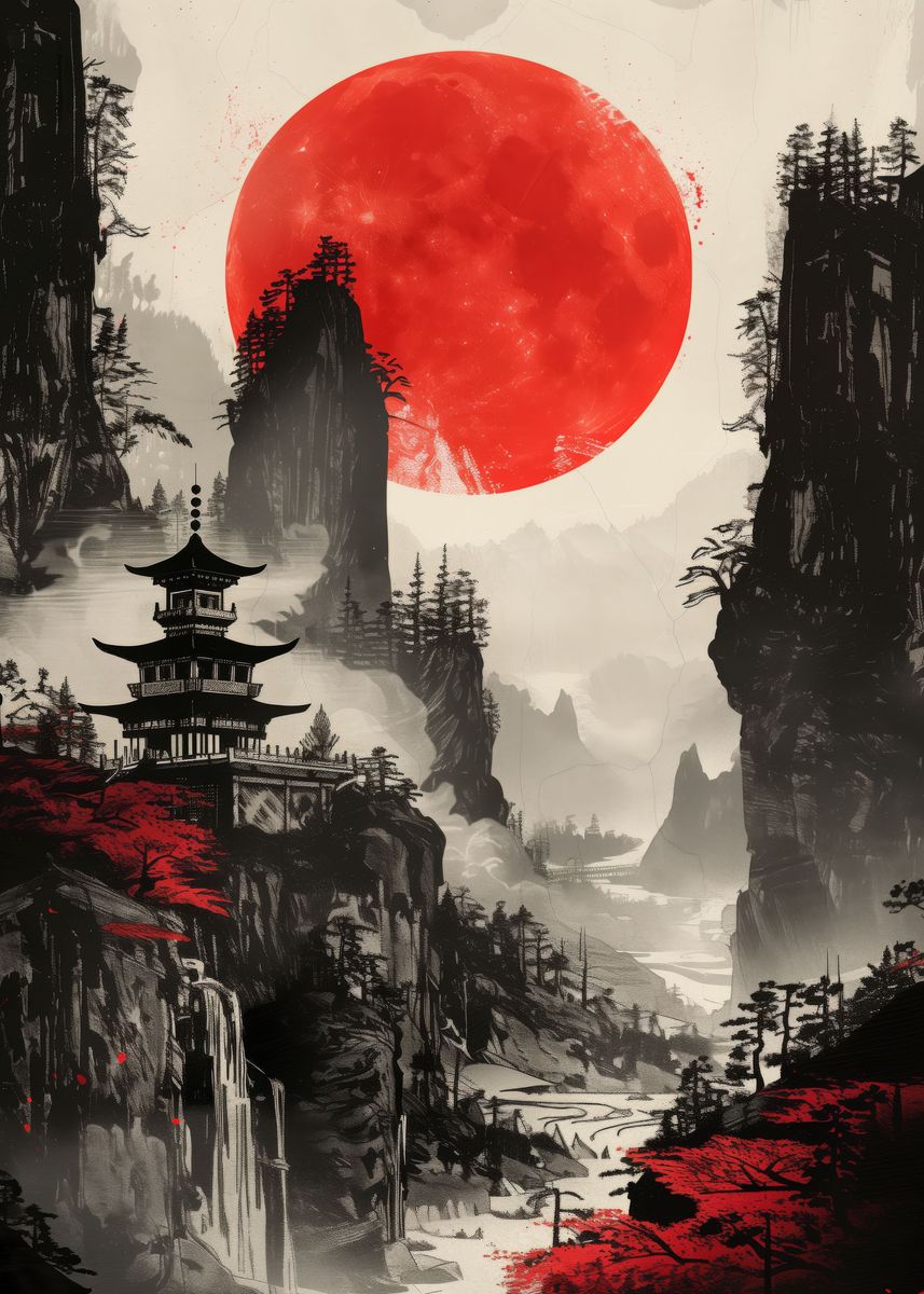 'Red Moon Japan' Poster, picture, metal print, paint by Pucaaa | Displate