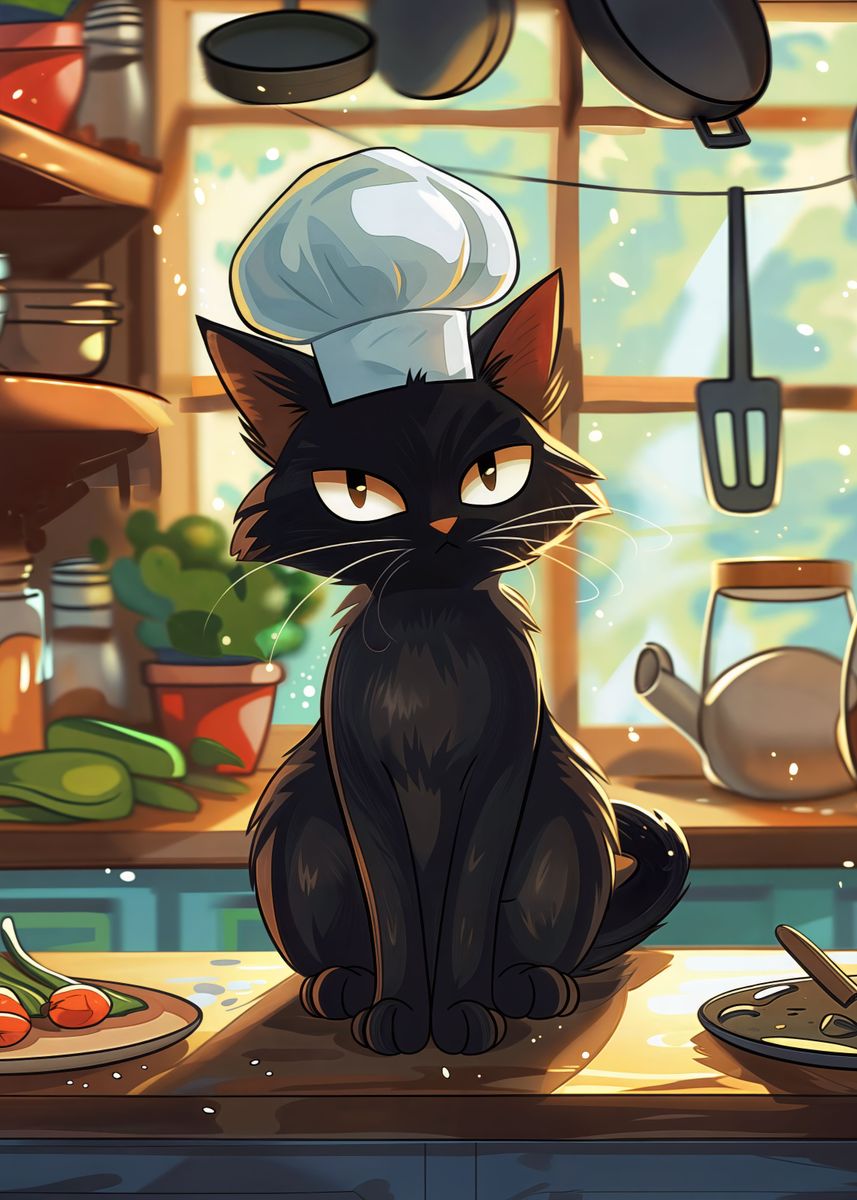 'Black Cat in the Kitchen' Poster, picture, metal print, paint by Vizio ...