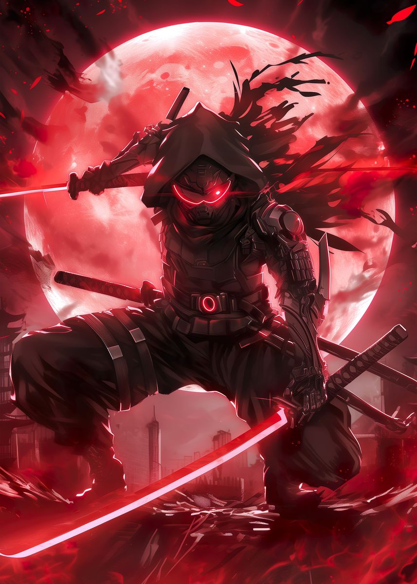 'Bloodmoon Ninja Samurai' Poster, picture, metal print, paint by ...