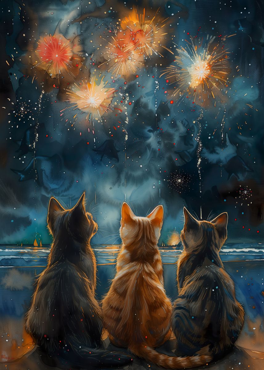 'Firework Cats Starry Night' Poster, picture, metal print, paint by ...