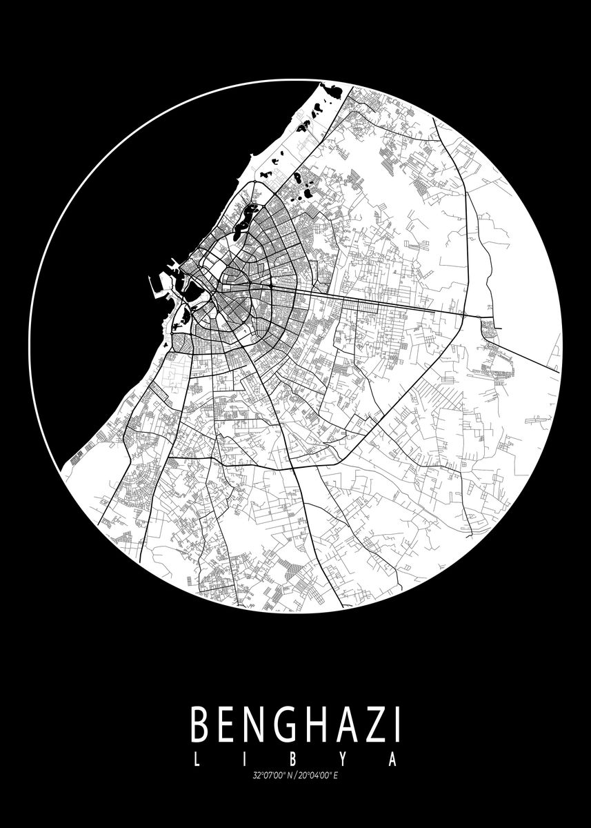 'Benghazi City Map Full Moo' Poster, picture, metal print, paint by deMAP Studio | Displate