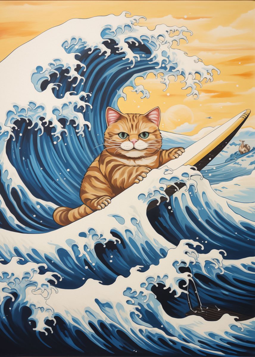 'Cat Surfing Japanese Wave' Poster, picture, metal print, paint by ...