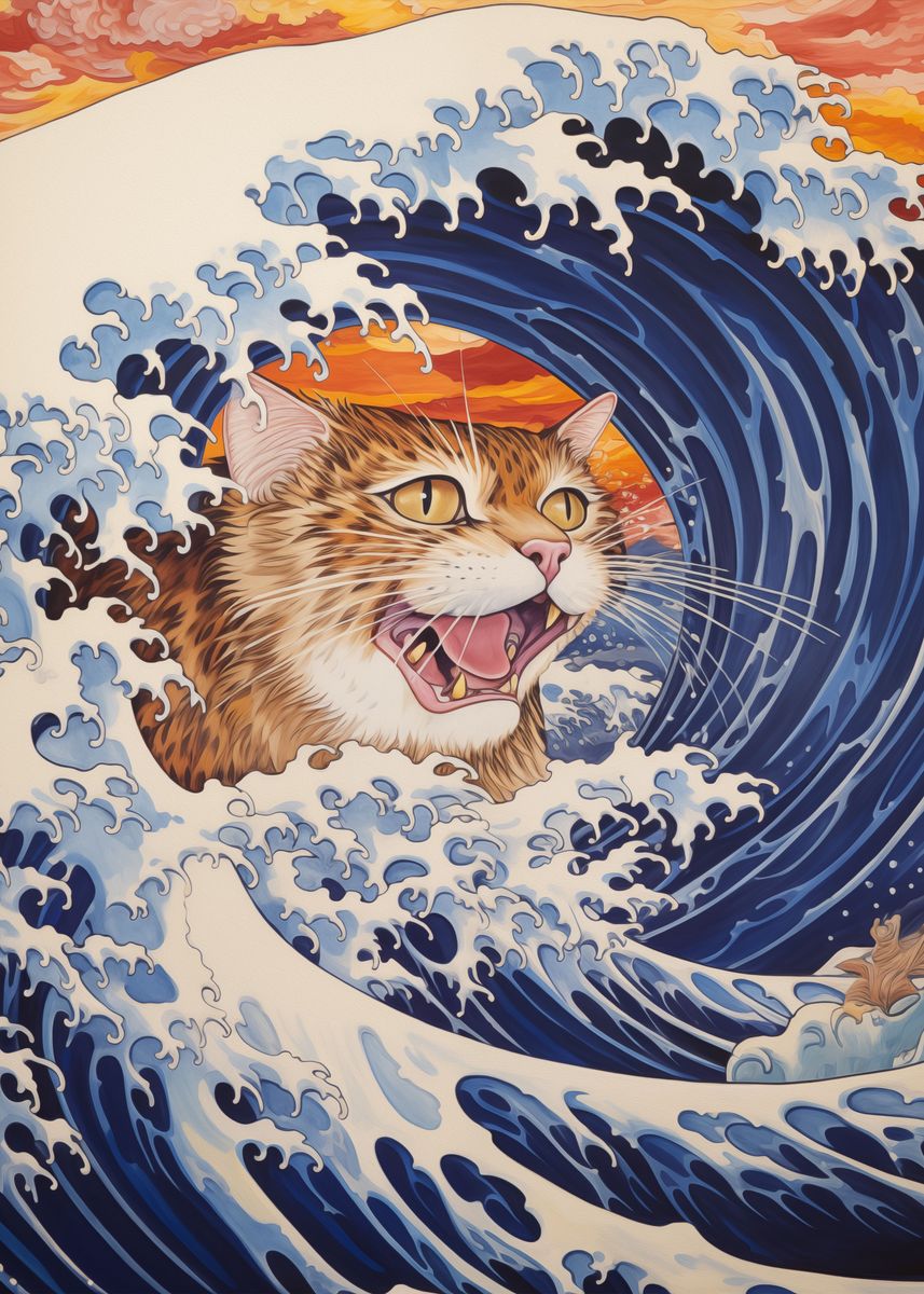 'Cat in Great Wave' Poster, picture, metal print, paint by Nerdworld 1 ...