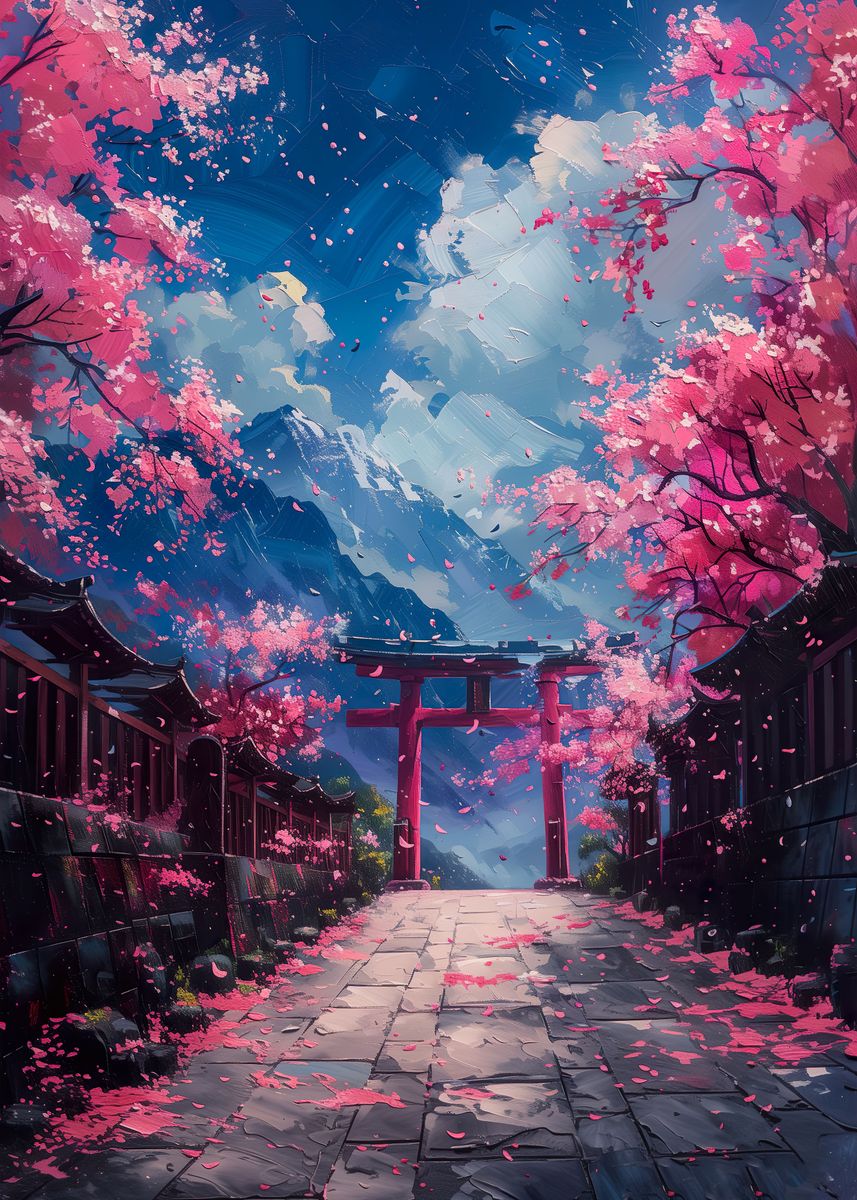'Japanese Cherry Landscape' Poster, picture, metal print, paint by ...