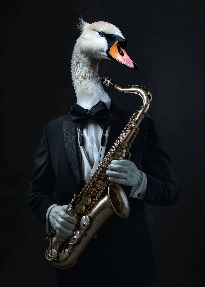 'Swan Playing Saxophone' Poster, picture, metal print, paint by ...
