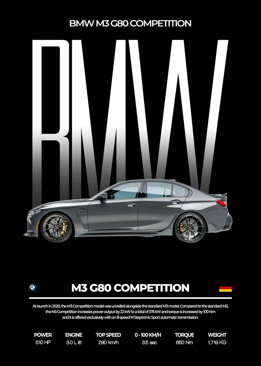 'BMW M3 G80 Competition' Poster, picture, metal print, paint by ...