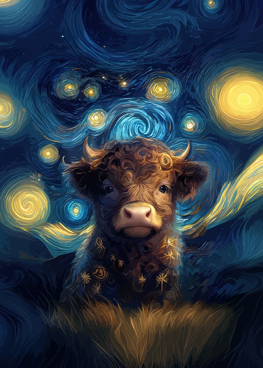 'Starry Night Highland Cow' Poster, picture, metal print, paint by ...