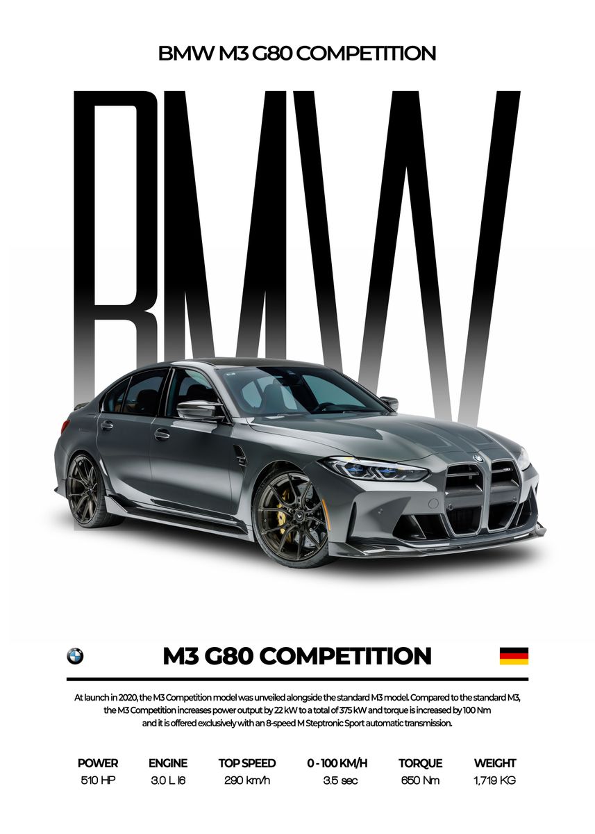 'BMW M3 G80 Competition' Poster, picture, metal print, paint by ...
