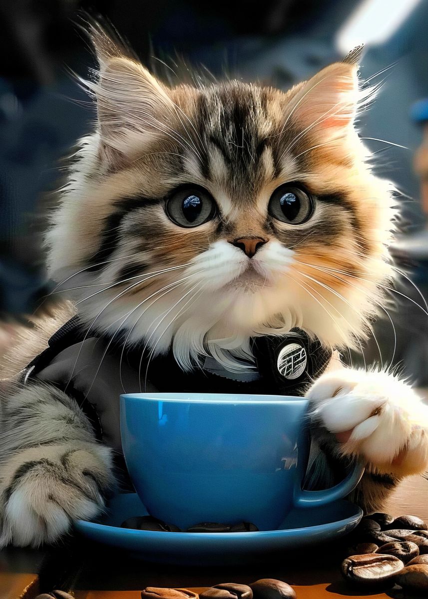 'Cute cat drinking coffee' Poster, picture, metal print, paint by ...