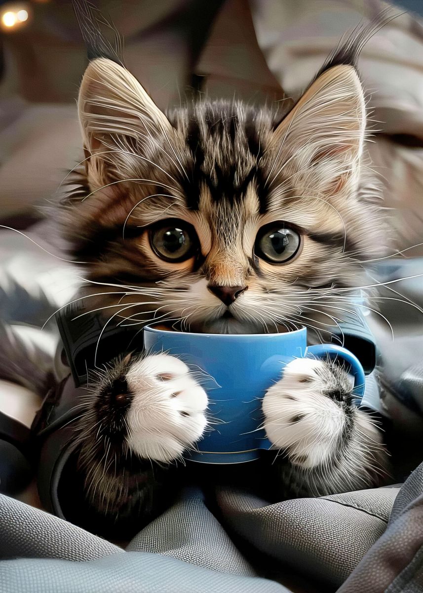 'Cute cat drinking coffee' Poster, picture, metal print, paint by Trainer Artist | Displate