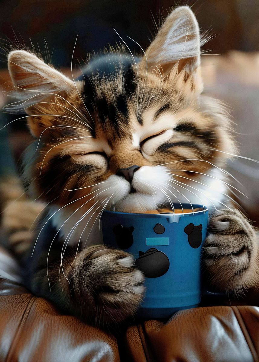 'Cute cat drinking coffee' Poster, picture, metal print, paint by ...