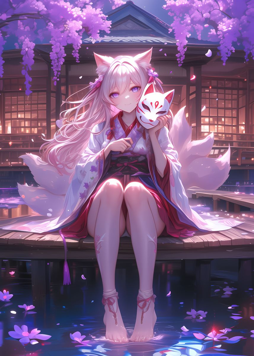'Kitsune Girl by the Pond' Poster, picture, metal print, paint by ...