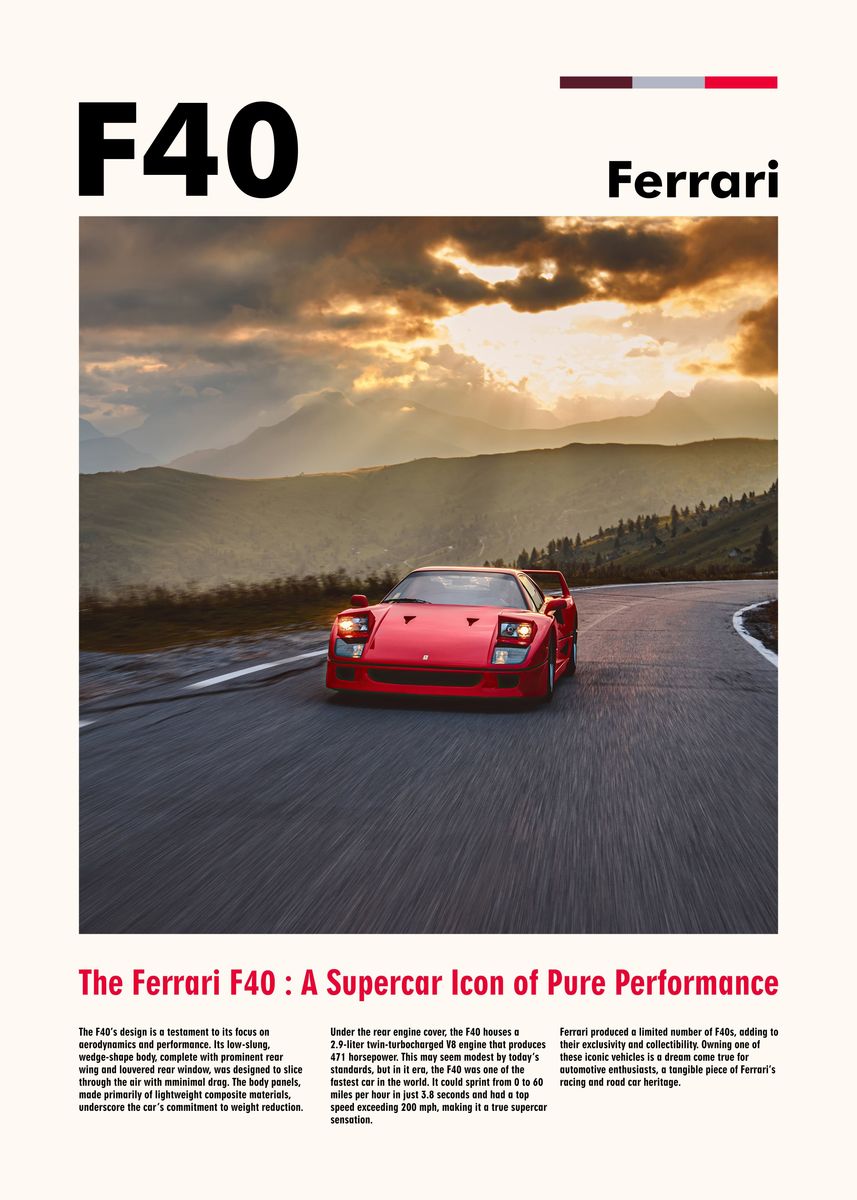 'Ferrari F40' Poster, picture, metal print, paint by Logi Logic | Displate