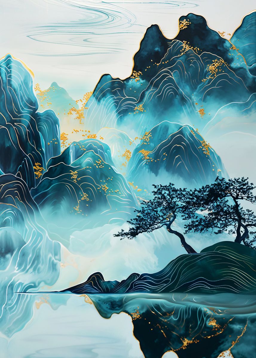 'ABSTRACT KINTSUGI LAKE' Poster, picture, metal print, paint by ...