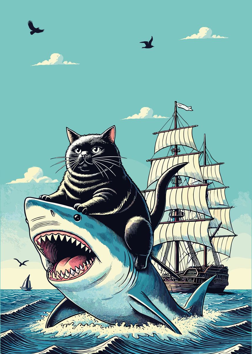 'Black Cat Riding Shark Art' Poster, picture, metal print, paint by ...