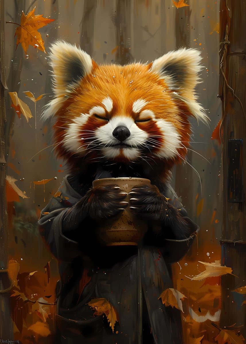 'Red Panda Drinking Coffee' Poster, picture, metal print, paint by ...