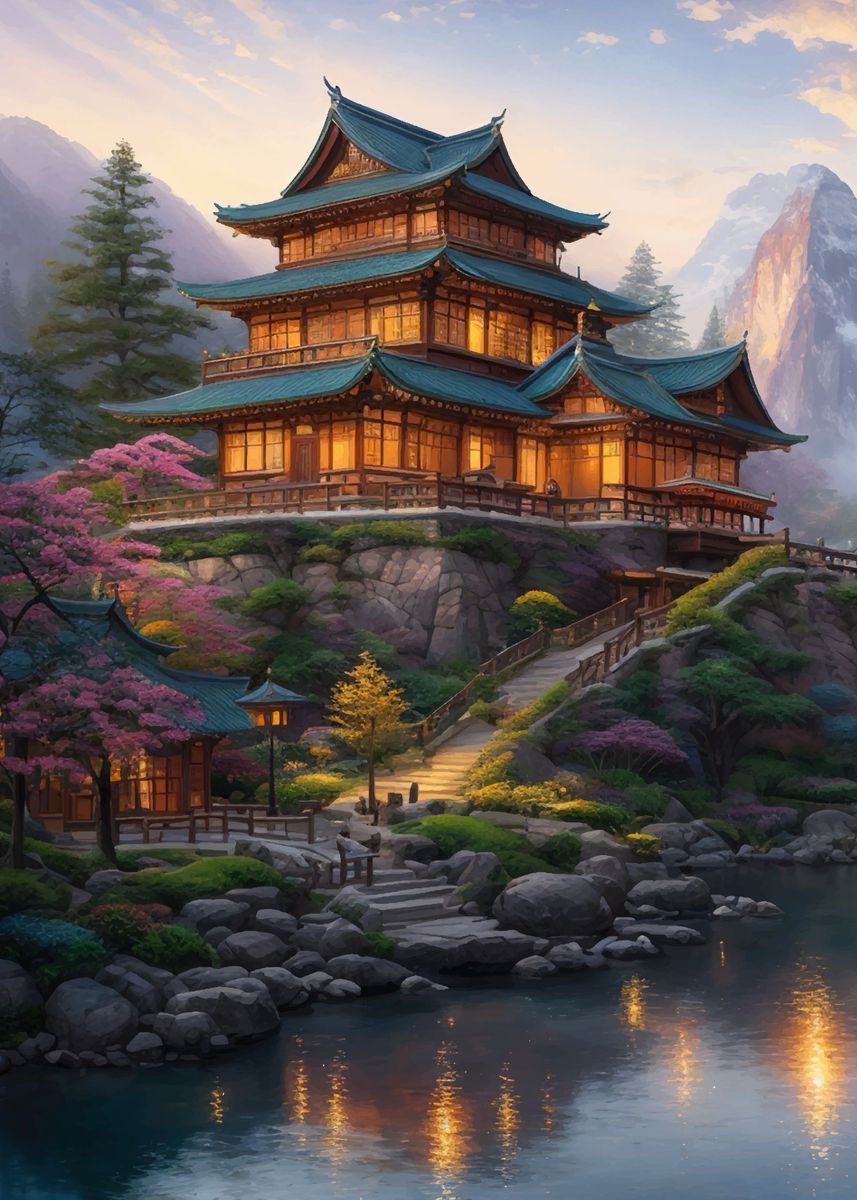 'Japanese Temple' Poster, picture, metal print, paint by Barbara Del ...