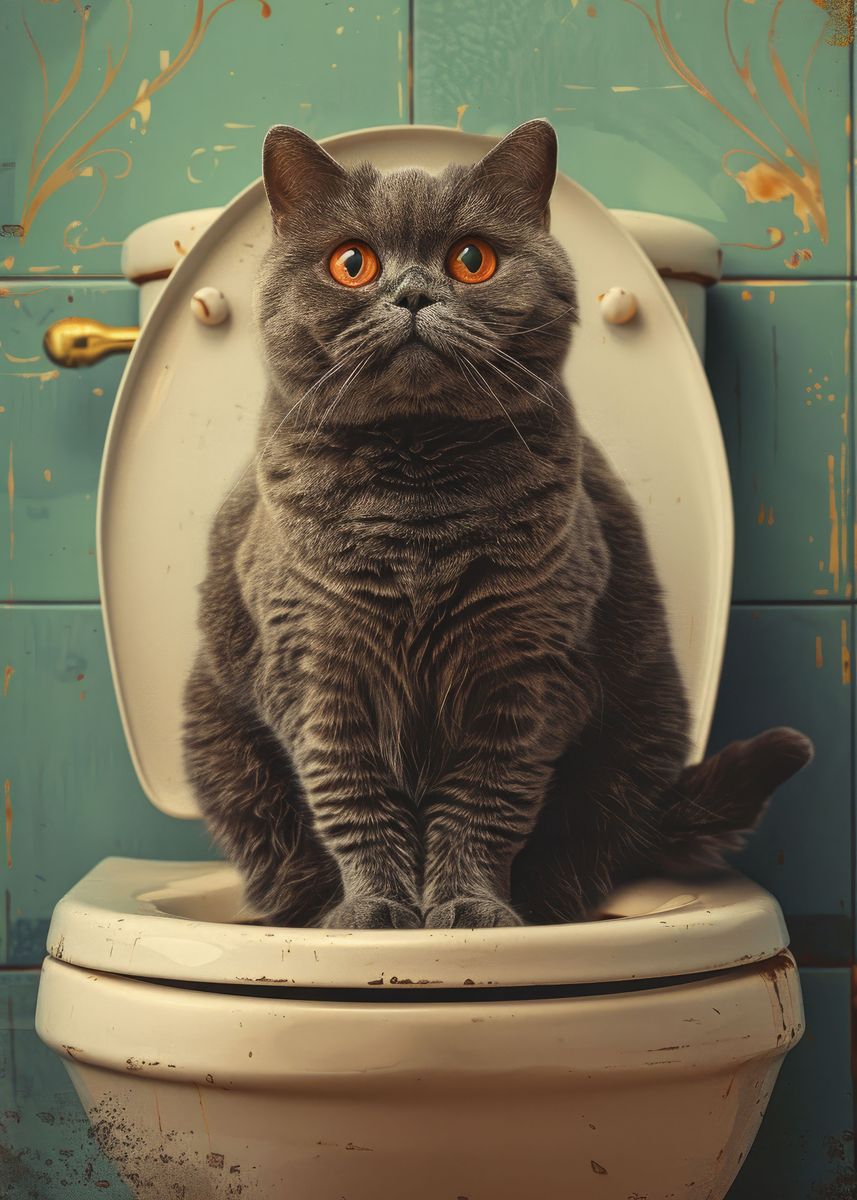 'Fat Cat in toilet' Poster, picture, metal print, paint by graficart ...