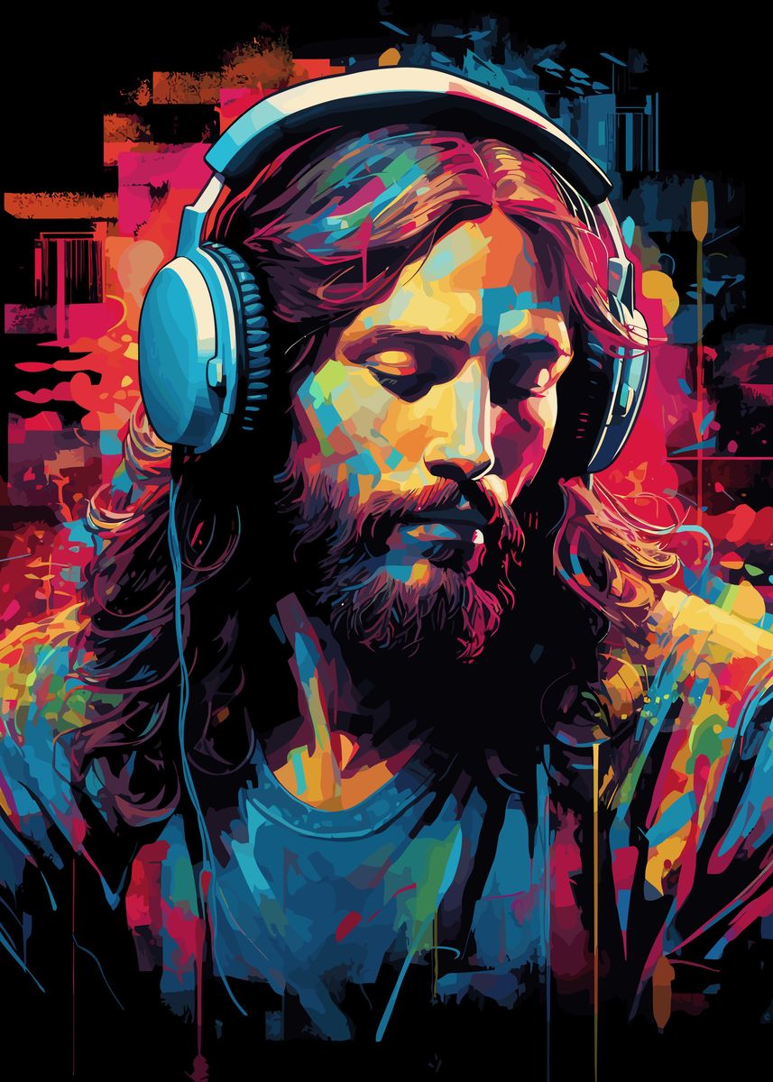 'Jesus With Headphone' Poster, picture, metal print, paint by Obie ...