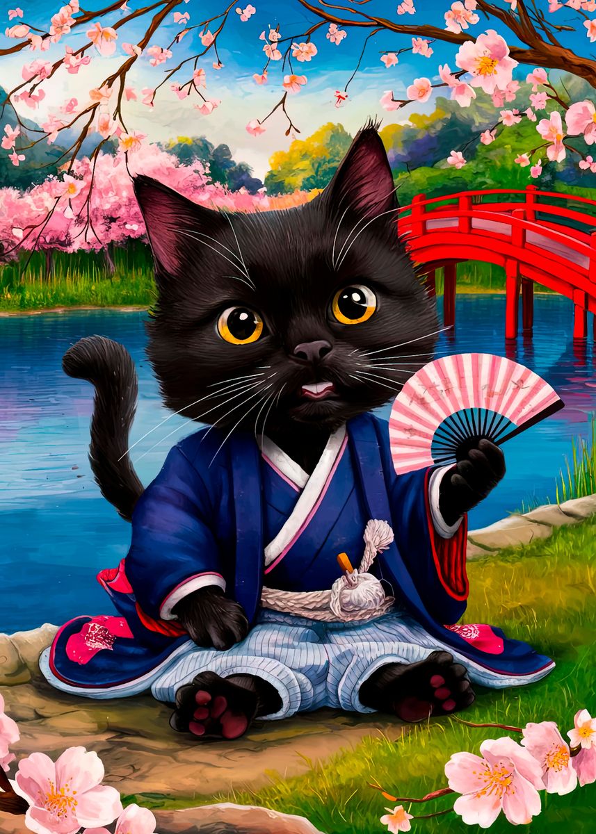 'Samurai Cat in Sakura' Poster, picture, metal print, paint by ...
