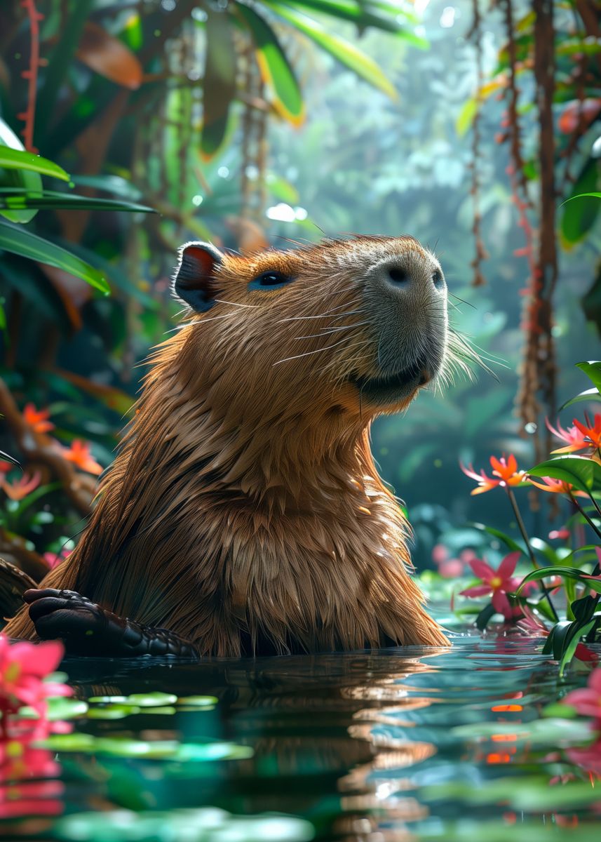 'Tropical Floral capybara' Poster, picture, metal print, paint by Aryan ...