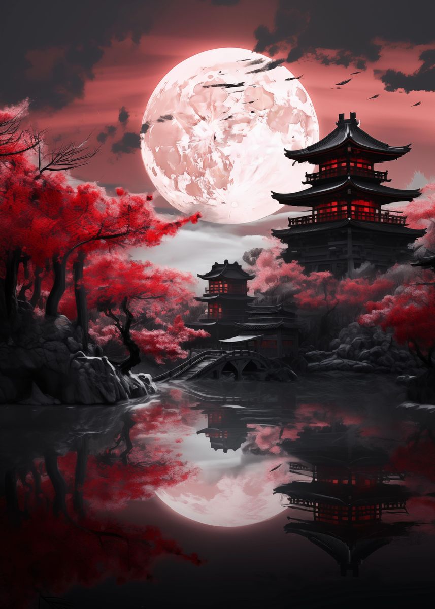 'Red Moon Japan ' Poster, picture, metal print, paint by Small X | Displate
