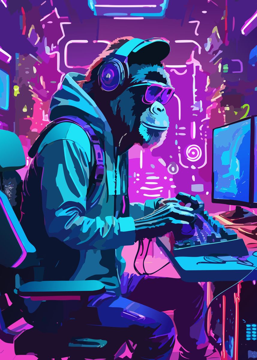 'Cyber Monkey Gamer' Poster, picture, metal print, paint by Greg | Displate