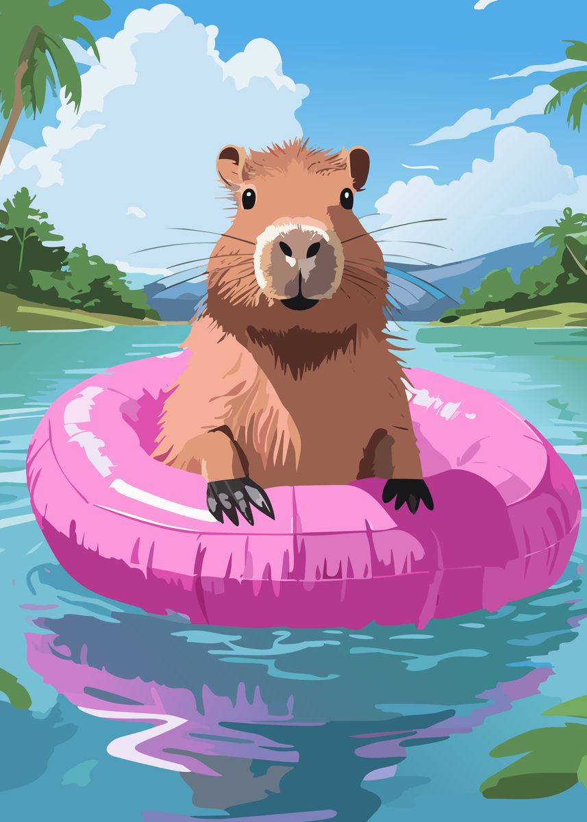 'Capybara on an Inflatable' Poster, picture, metal print, paint by Greg ...