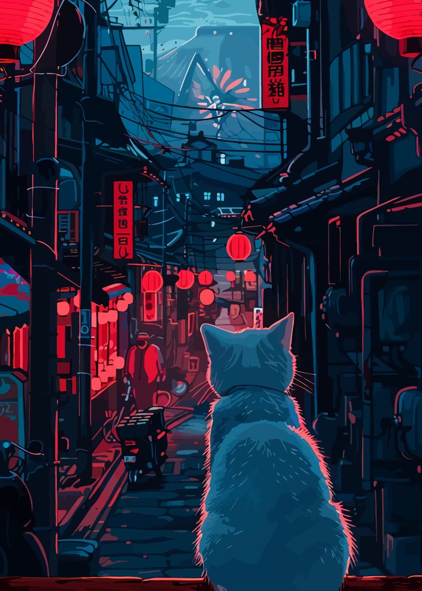 'Cat View Street Japan' Poster, picture, metal print, paint by Black ...