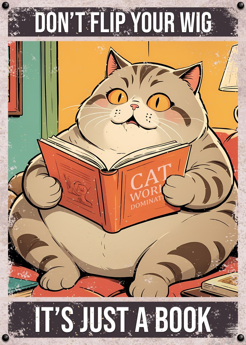 'Funny Cat Reading' Poster, picture, metal print, paint by taofik Designformerch | Displate