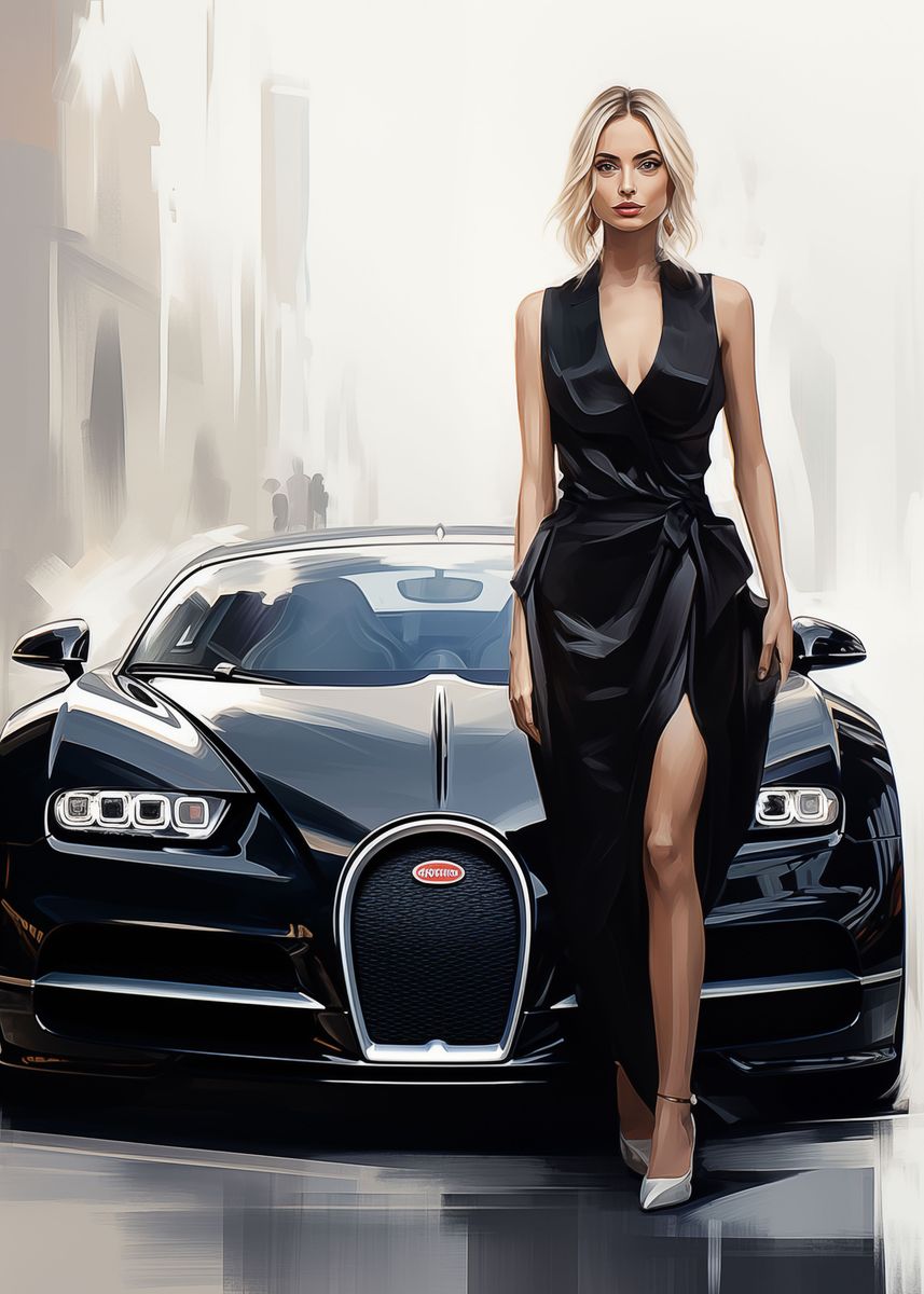 'Woman in black and Bugatti' Poster, picture, metal print, paint by ...