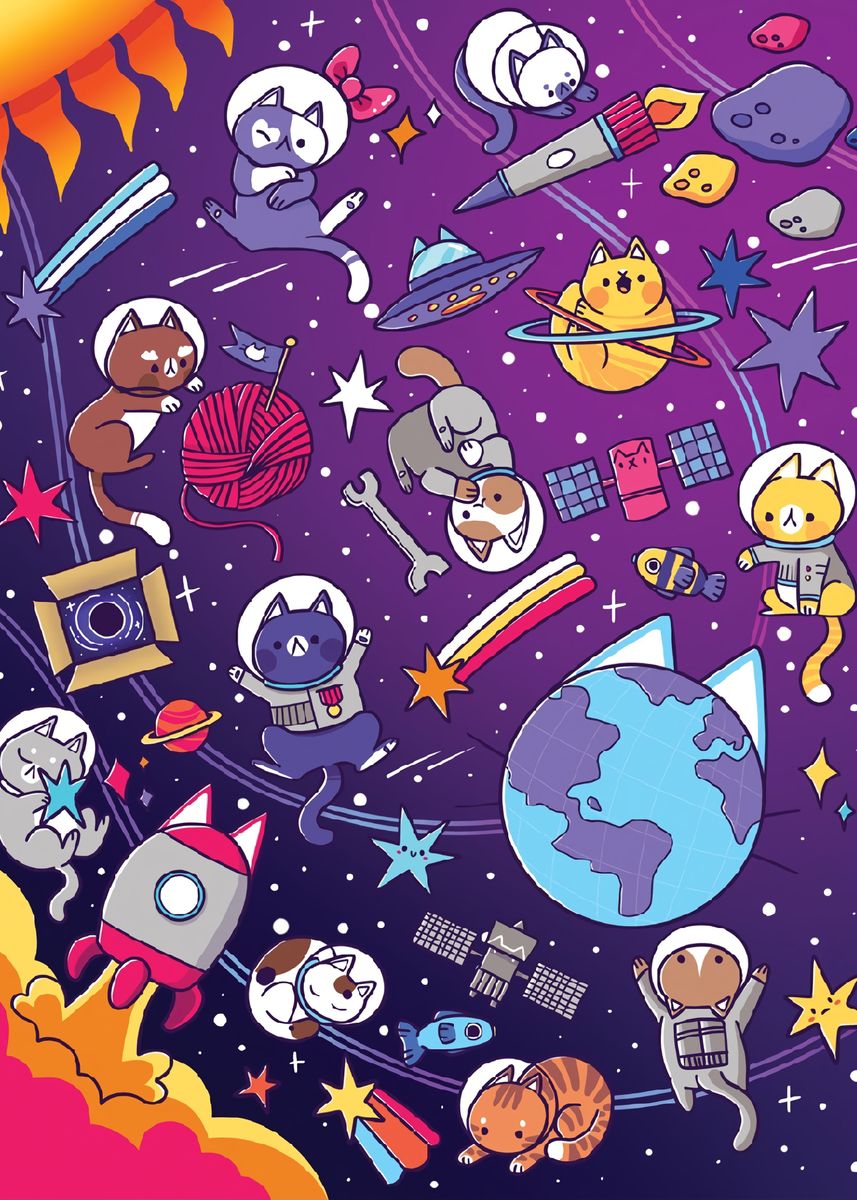 'space cats' Poster, picture, metal print, paint by asnah asnah | Displate