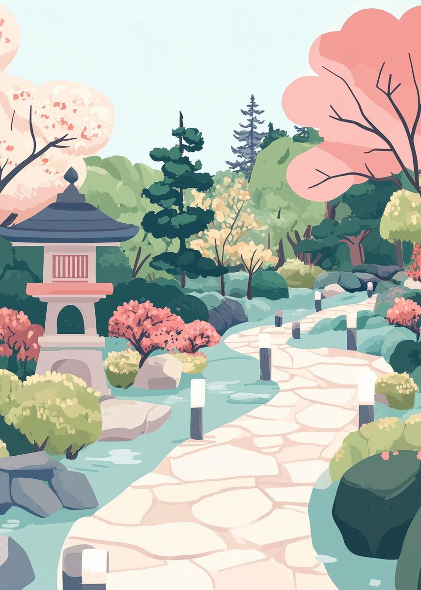 'Cartoon Japanese Garden' Poster, picture, metal print, paint by ...