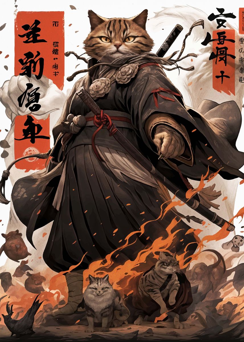 'cat samurai japanese' Poster, picture, metal print, paint by Ellen ...