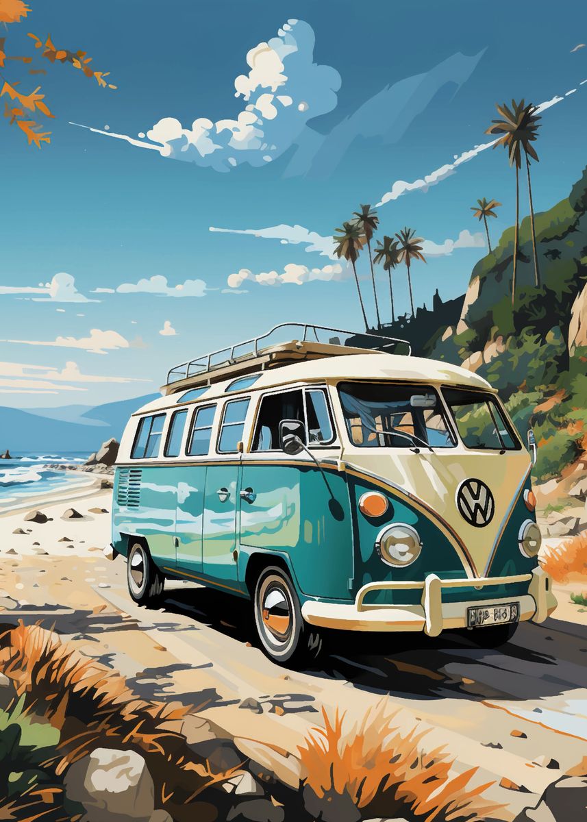 'Retro VW Bus Beach Travel' Poster, picture, metal print, paint by ...
