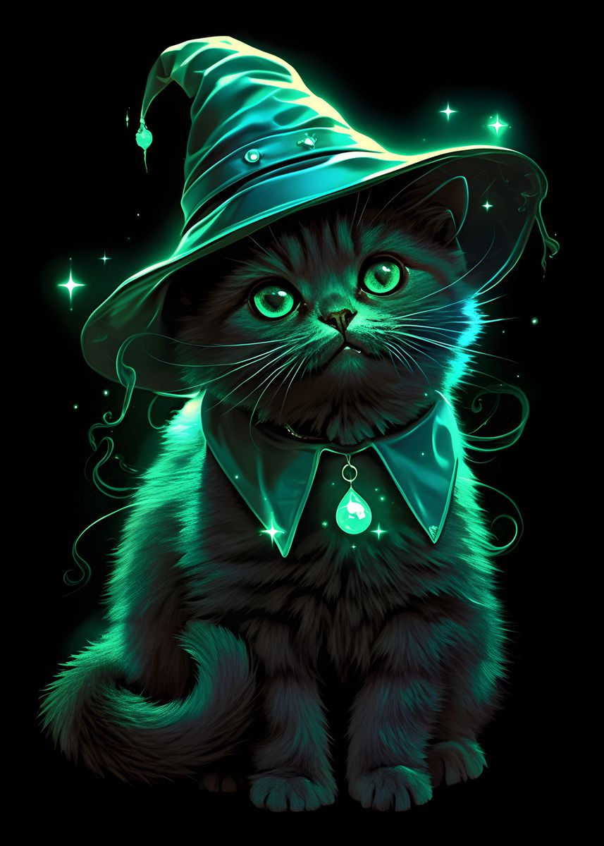 'Green Cat Wizard' Poster, picture, metal print, paint by Alexander ...