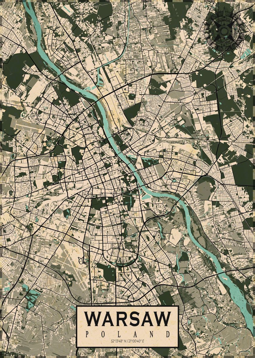 'Warsaw City Map Vintage' Poster, picture, metal print, paint by deMAP ...