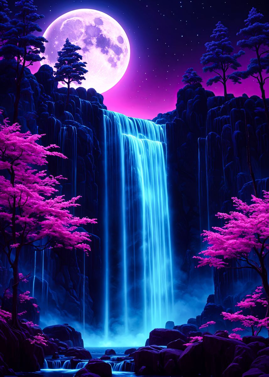 'Neon Night Waterfall Art ' Poster, picture, metal print, paint by Art ...